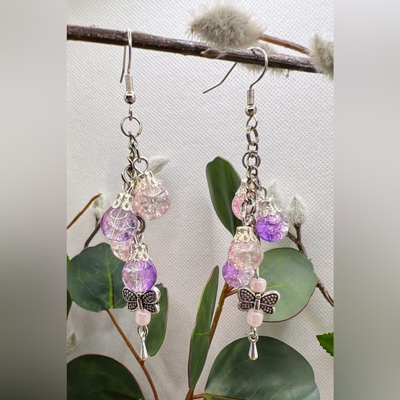 Jewelry | Crackle Ombr Beads With Silver Butterfly Charm Earrings | Poshmark